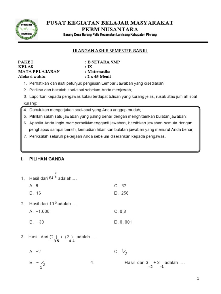Soal Pas MTK KLS 9 K13 | PDF