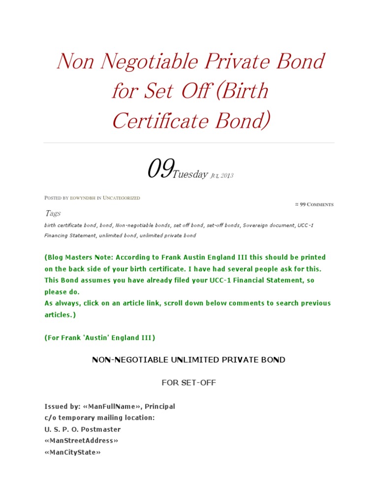Non Negotiable Private Bond For Set Off (Birth Certificate Bond) | PDF