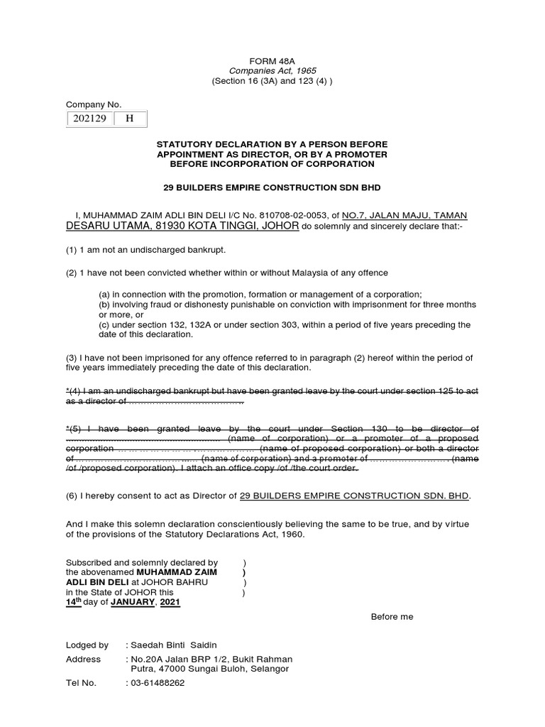 Form 48A (Statutory Declation by A Person Before Appoinment As Director ...