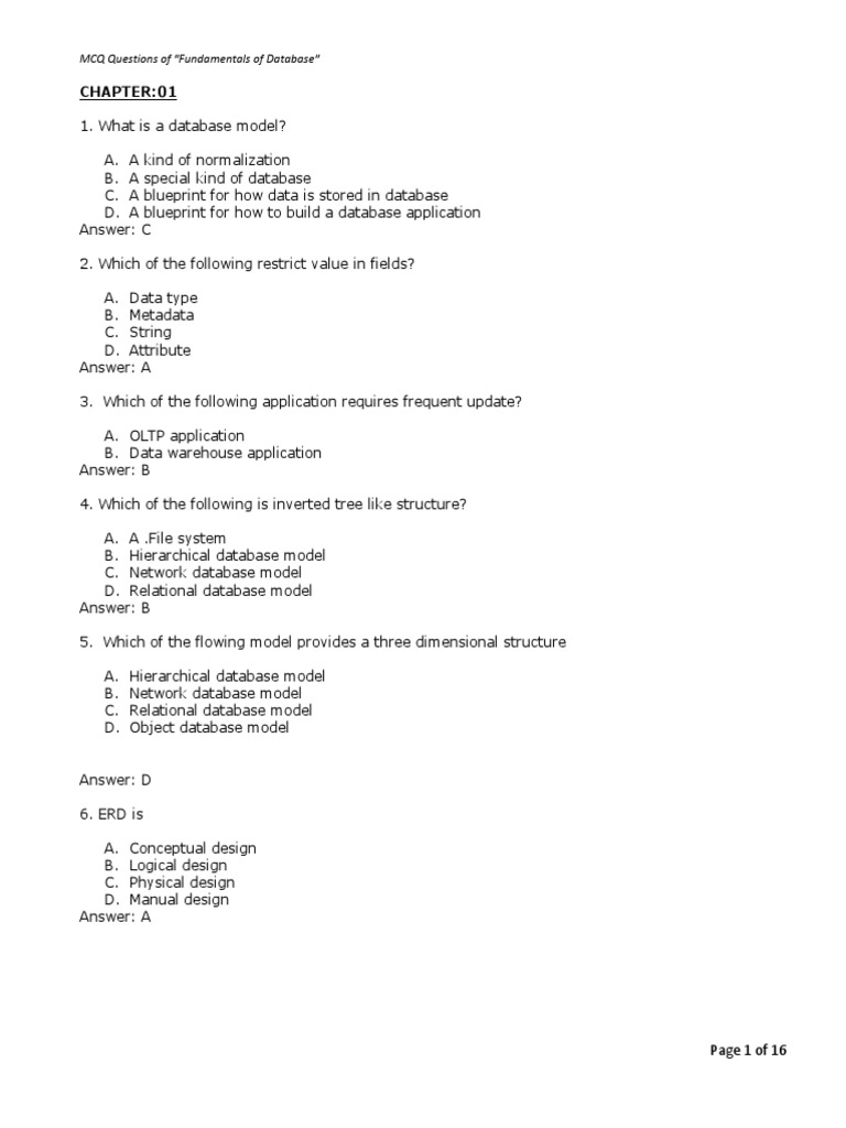 MCQ Questions of "Fundamentals of Database" | PDF | Databases | Relational Database