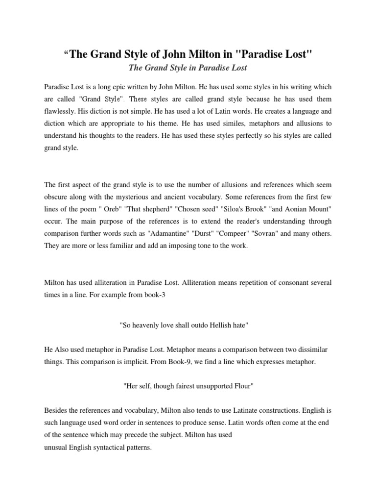 Milton's Grand Style in Paradise Lost | PDF | John Milton | Paradise Lost