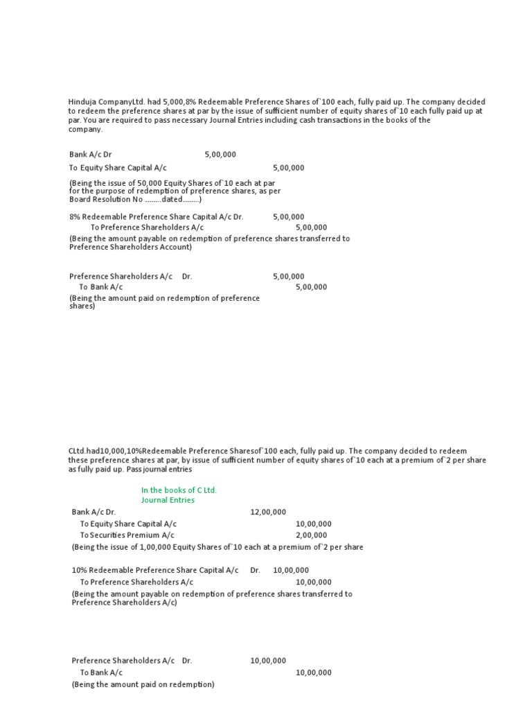 Journal Entries for Preference Share Redemption | PDF | Equity (Finance ...