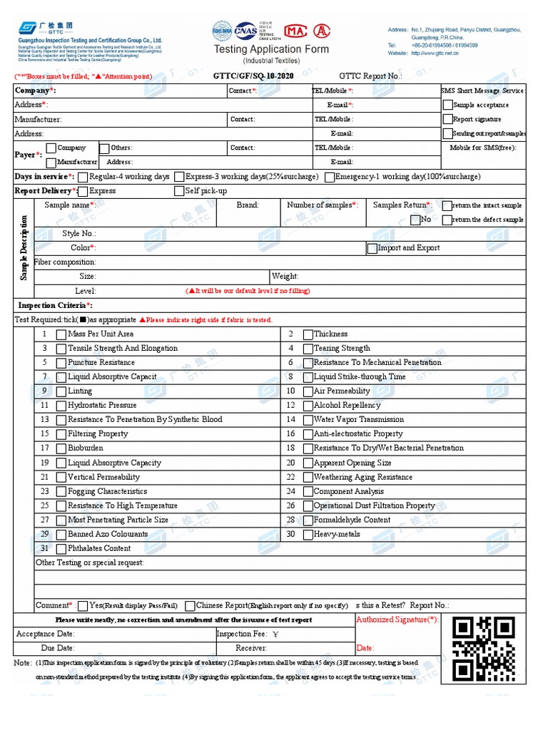 GTTC Testing Application Form (Industial Textiles) | PDF | Payments ...