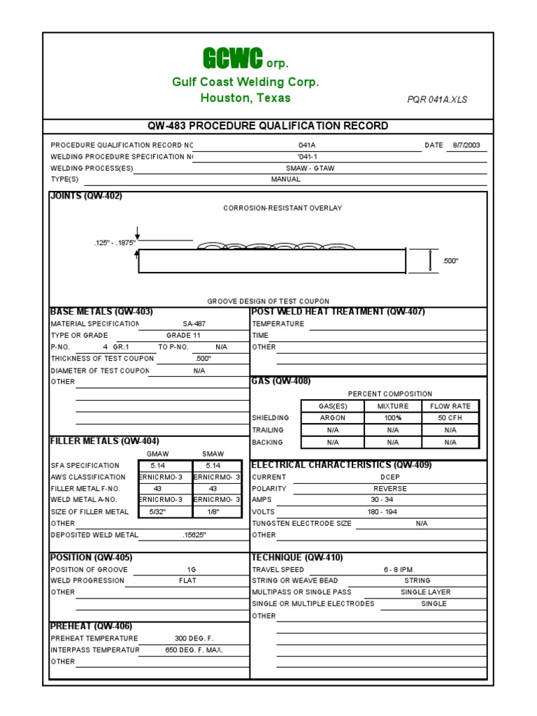 Gulf Coast Welding Corp. Houston, Texas Orp.: Qw-483 Procedure ...
