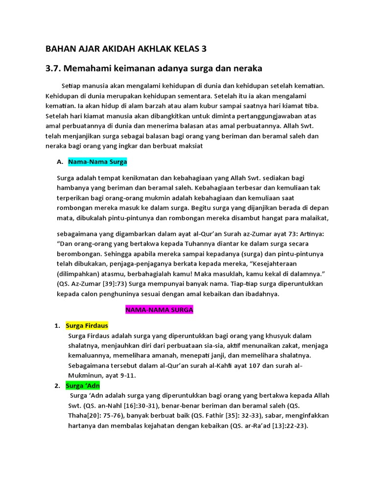 Bahan Ajar Akidah KLS 3 KD 3.7 | PDF