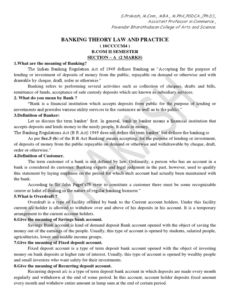 Banking Theory Law and Practice: Assistant Professor in Commerce ...