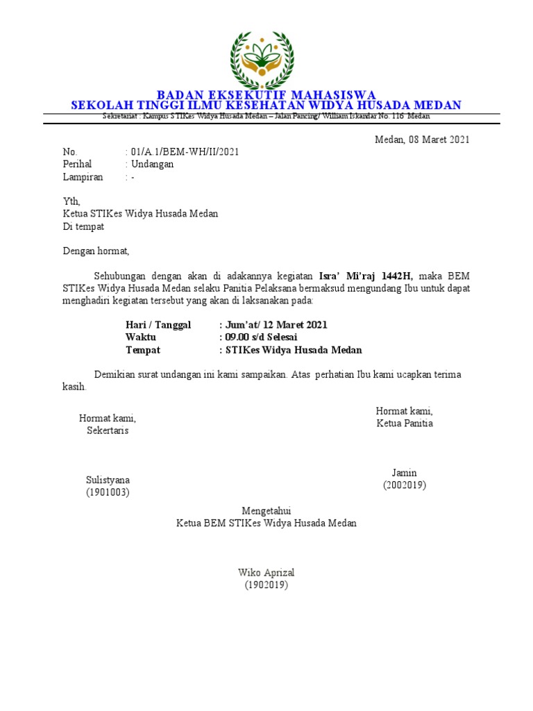 Contoh Surat Undangan Narasumber BEM STIKES WIDYA HUSADA MEDAN | PDF