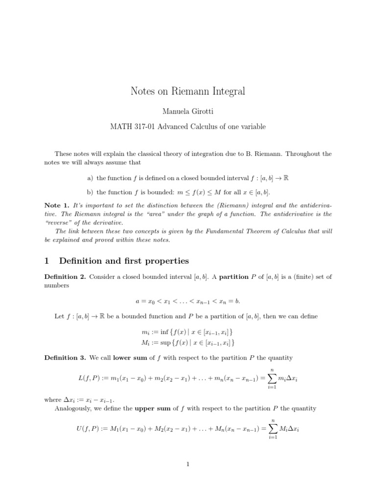 Notes On Riemann Integral: 1 Definition and First Properties | PDF ...