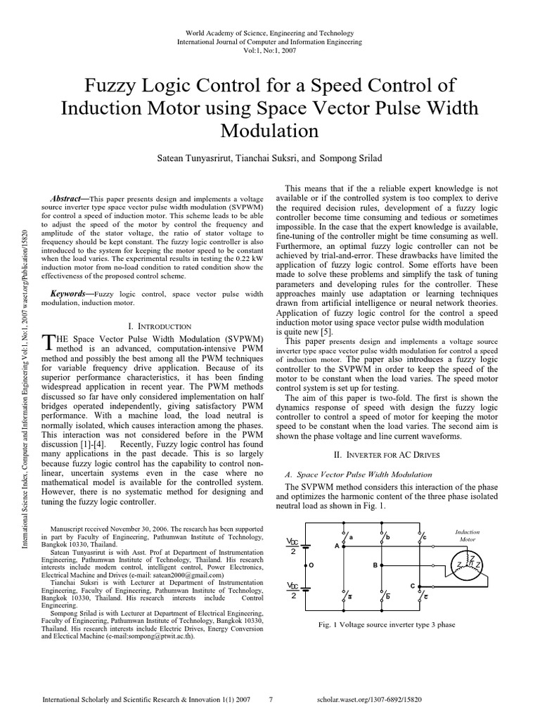 Fuzzy Logic Control For A Speed Control of Induction Motor Using Space Vector Pulse Width ...