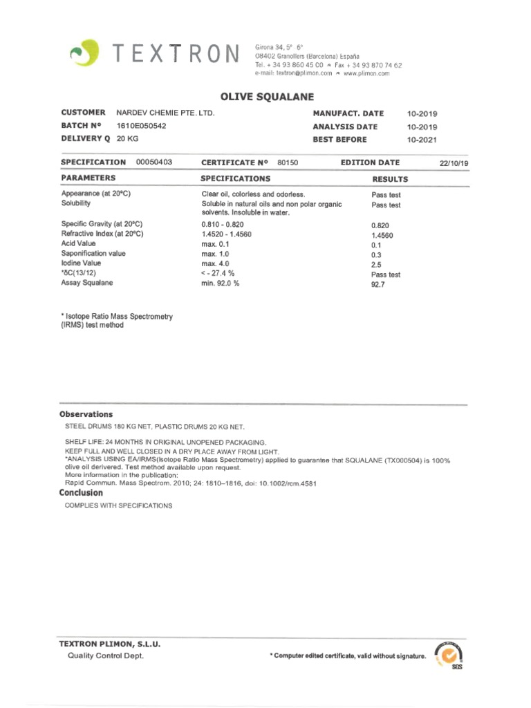 COA Olive Squalane - 1610E050542 | PDF