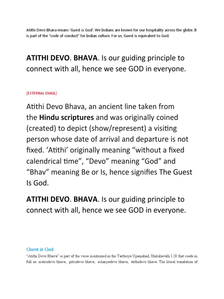 ATITHI DEVO. BHAVA. Is Our Guiding Principle To: Connect With All ...