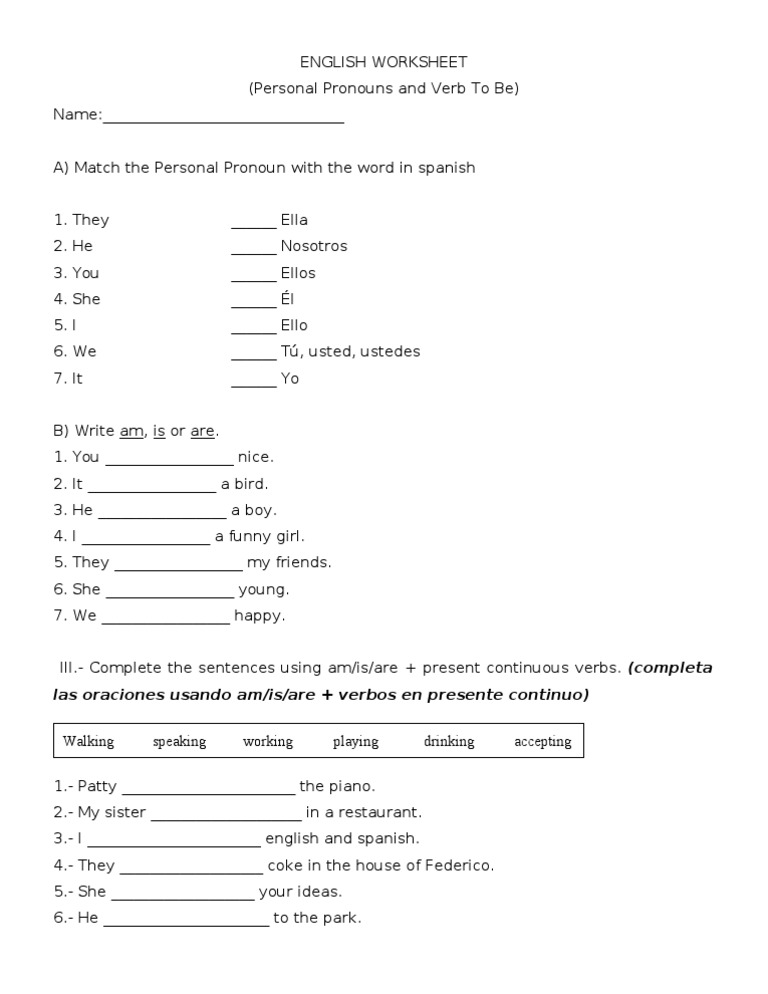 Personal Pronouns and Verb To Be Worksheet | PDF | Grammar | Semiotics