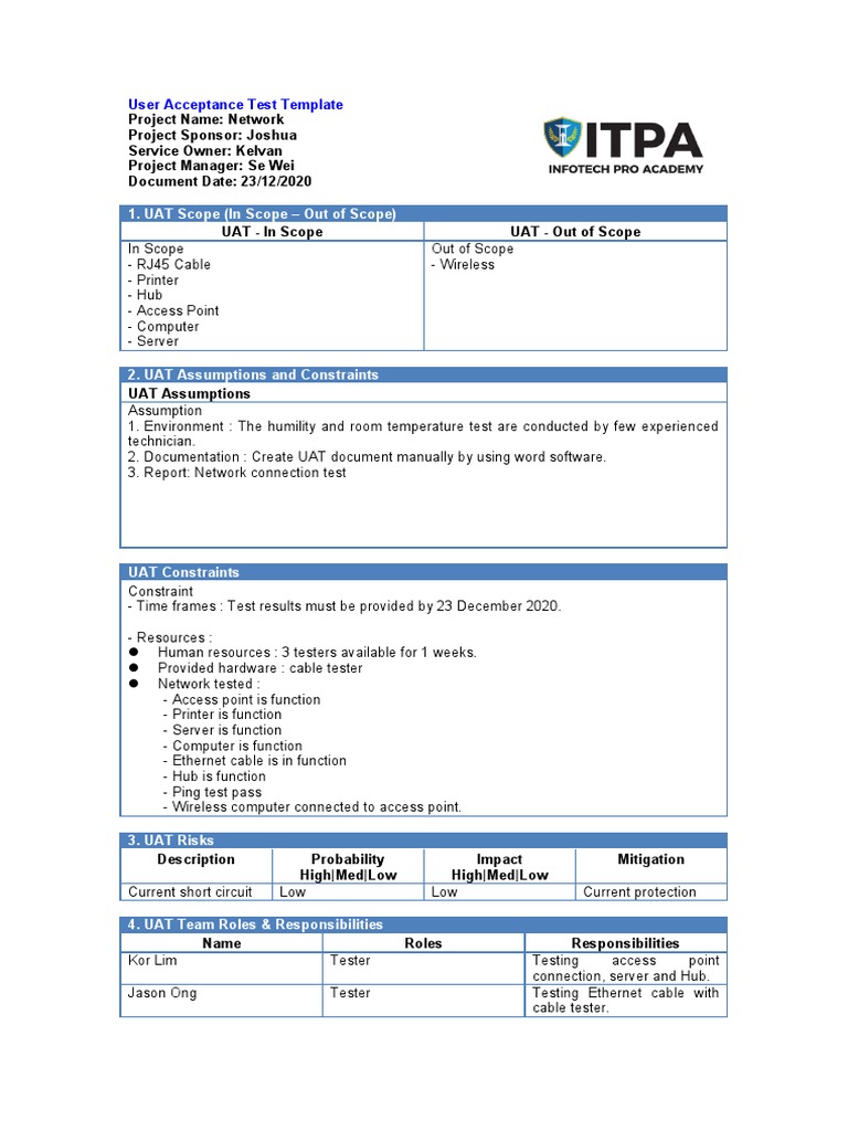 UAT Scope (In Scope - Out of Scope) : User Acceptance Test Template ...