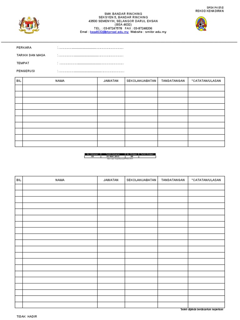 Spsk Pk07 2 Rekod Kehadiran Pdf