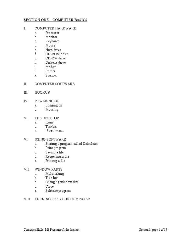 Computer Skills: MS Programs & The Internet Section 1, Page 1 of 17 | PDF | Window (Computing ...