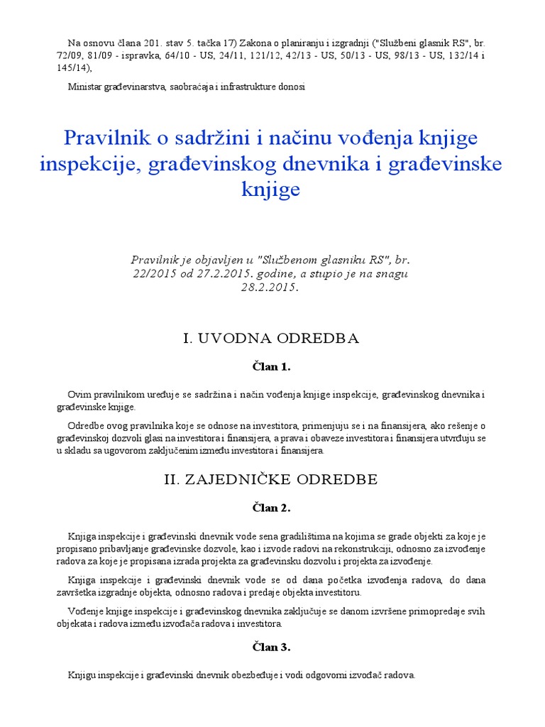 Pravilnik o Sadrzini I Nacinu Vodjenja Knjige Inspekcije Gradjevinskog Dnevnika I Gradjevinske ...
