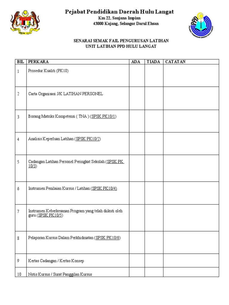 Senarai Semak Fail Pengurusan Ladap PPDHL | PDF