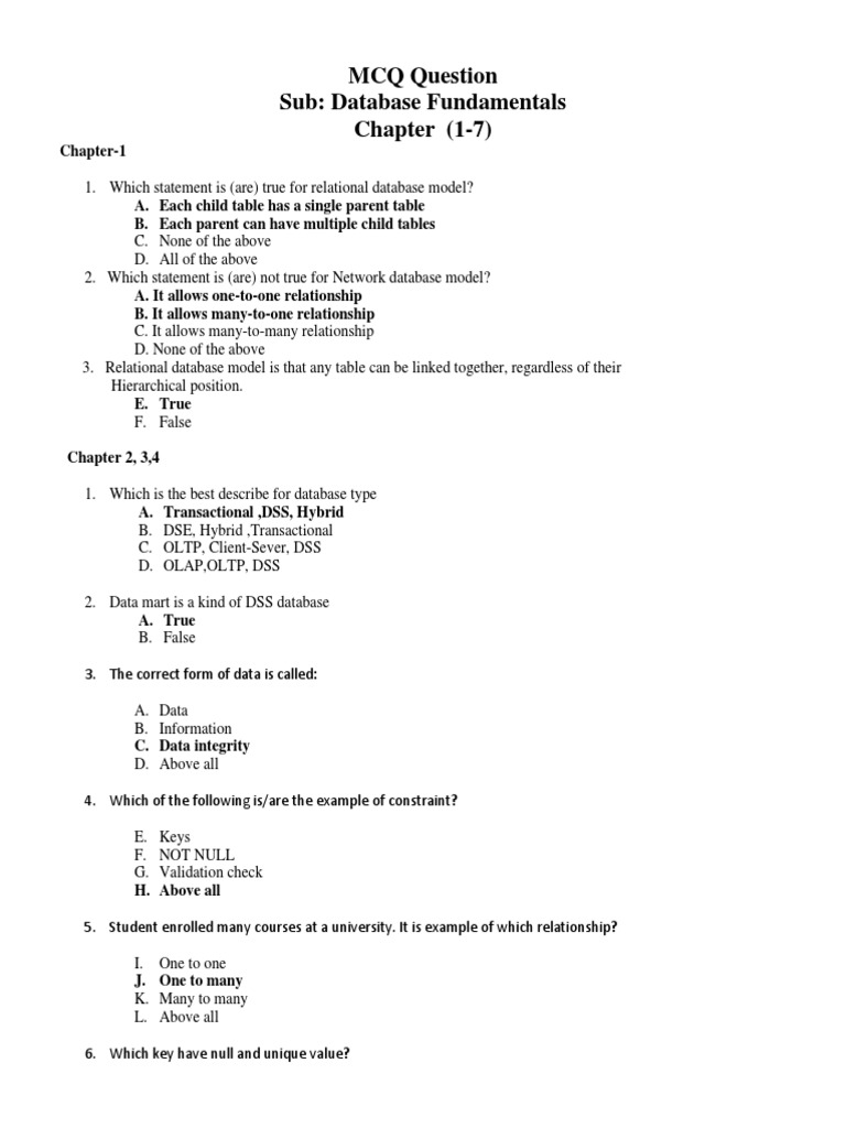 MCQ Question Sub: Database Fundamentals Chapter (1-7) | PDF ... MCQ Question Sub: Database Fundamentals Chapter (1-7) | PDF ...