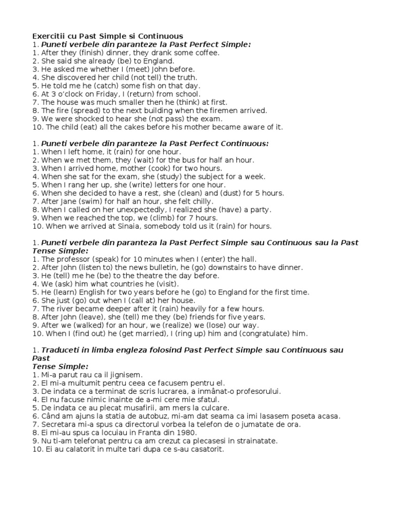 Exercitii Cu Past Perfect Simple Si Continuous | PDF