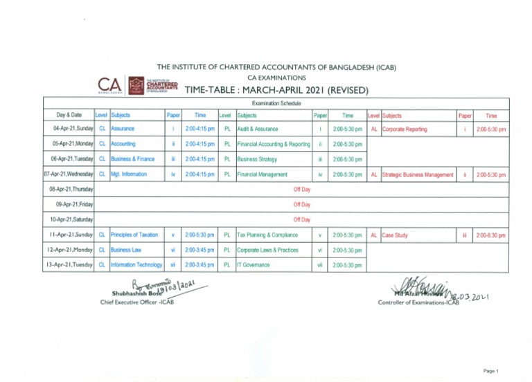 ICAB - Exam Routine (Revised) - March - April - 2021 | PDF