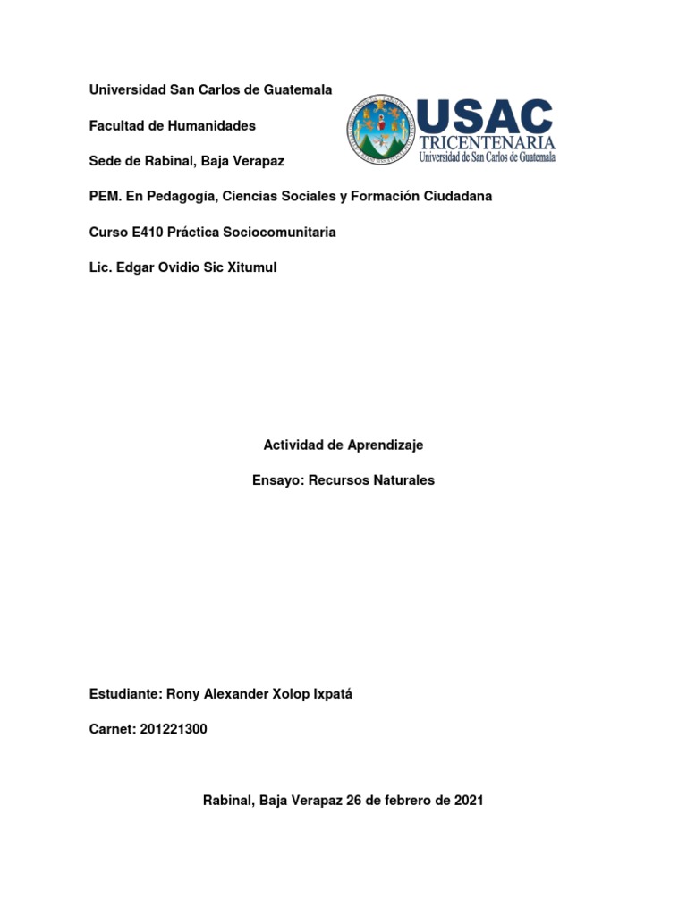Ensayo Recursos Naturales - Rony Alexander Xolop Ixpatá 201221300 | PDF ...
