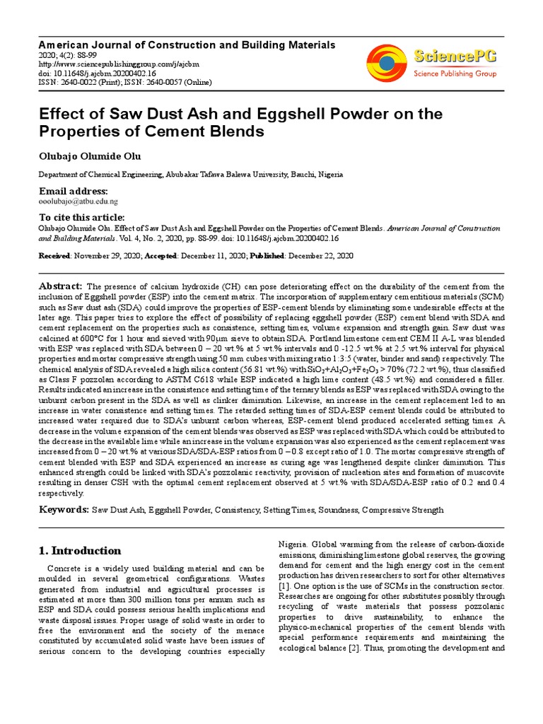 Saw Dust Ash and Eggshell Powder in Cement | PDF | Cement | Concrete