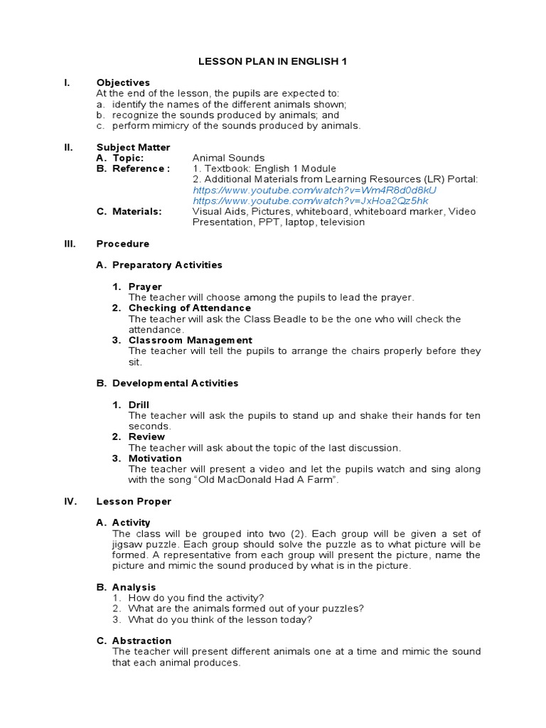 Animal Sounds Lesson Plan for Grade 1 | PDF | Lesson Plan | Teachers