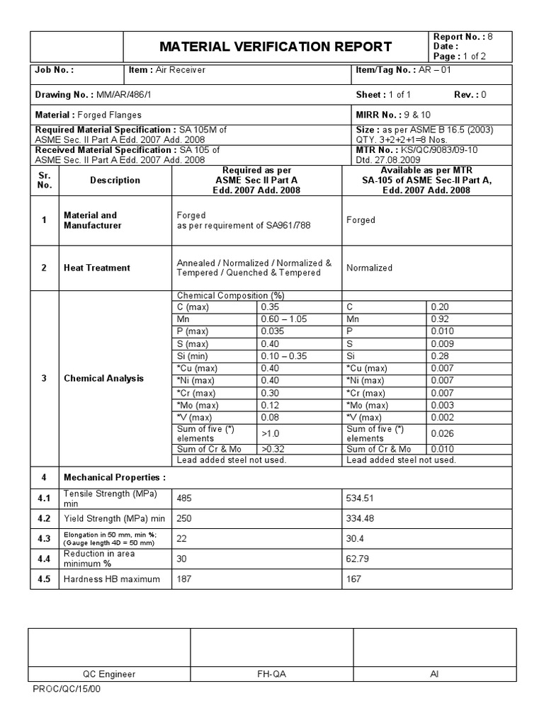 Material Verification Report: Elongation in 50 MM, Min % (Gauge Length ...