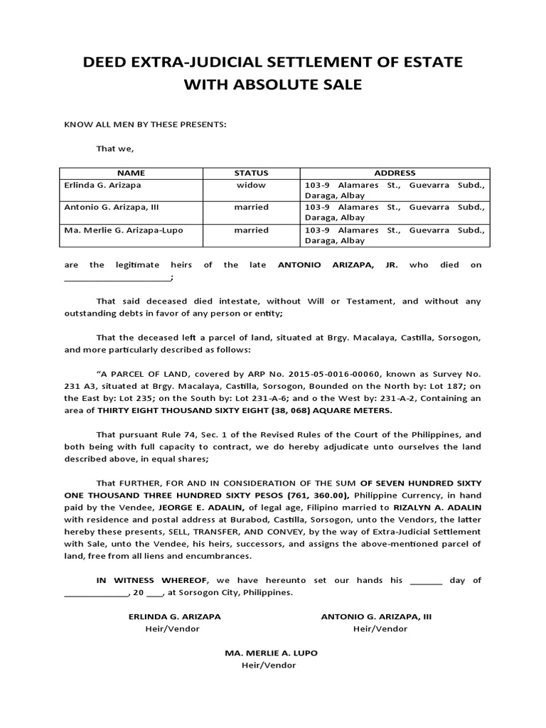 Deed Extra-Judicial Settlement of Estate | PDF | Law And Economics | Natural Resources Law