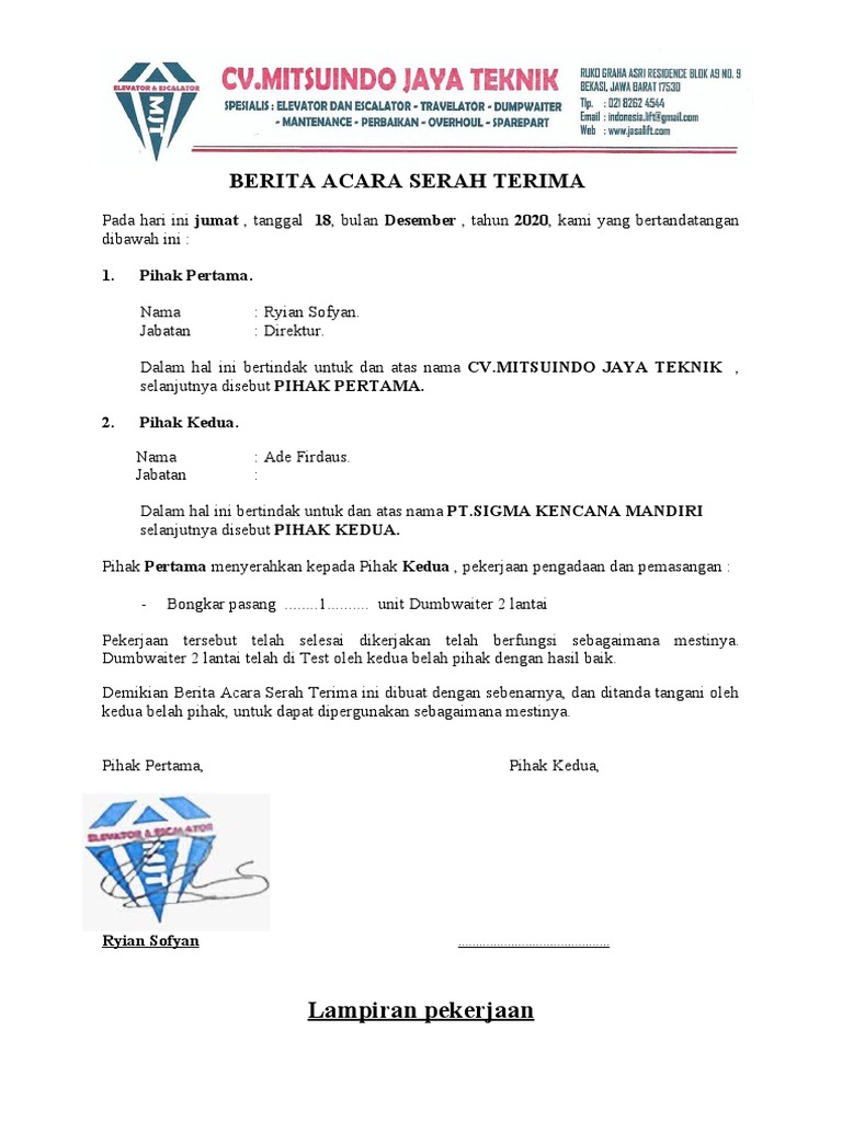 BERITA ACARA SERAH TERIMA Dumwaiter bj3 | PDF