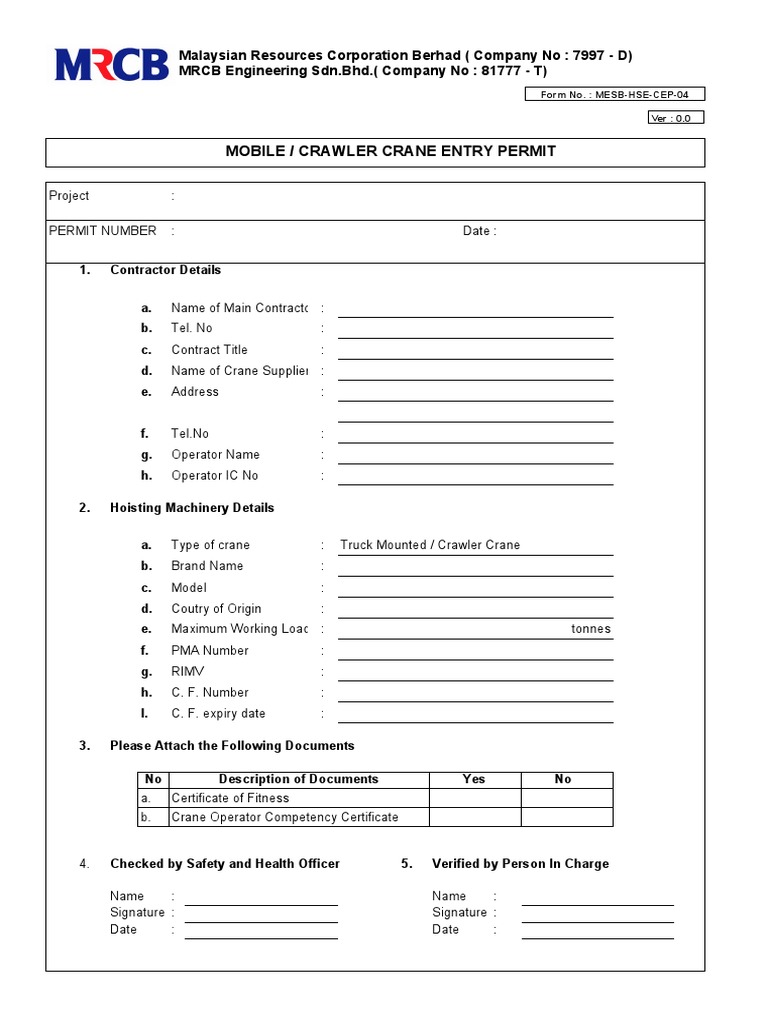 MESB-HSE-Mobile Crawler Entry Permit | PDF