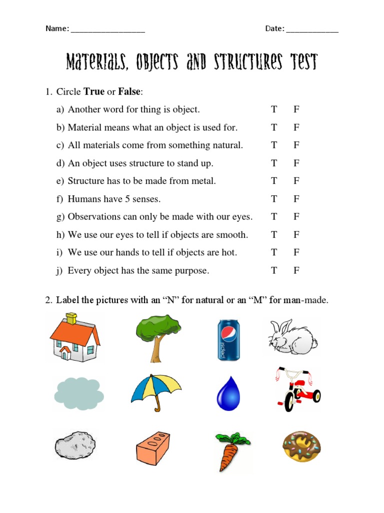 Materials and Objects Test Worksheet | PDF
