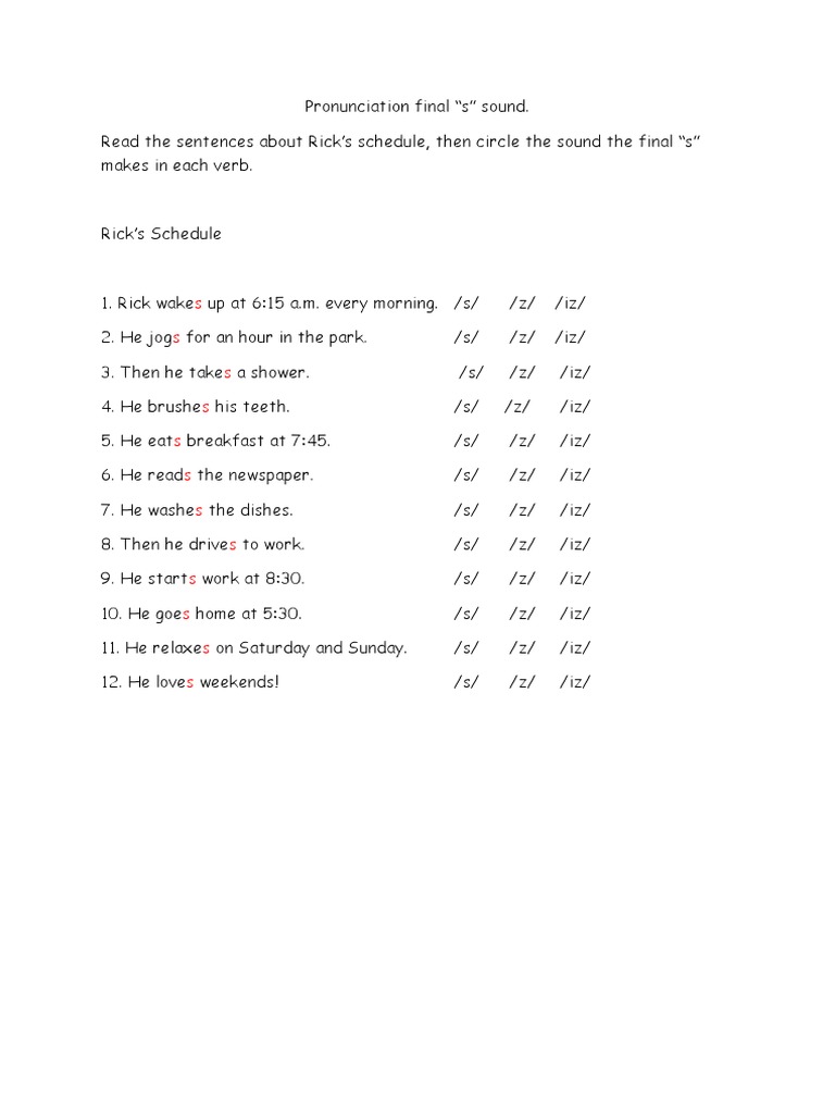 Final "S" Sound Pronunciation Exercises | PDF