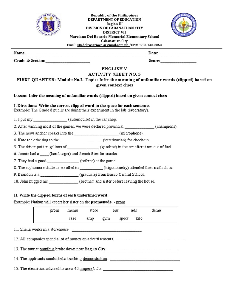 English V Activity Sheet No. 5 FIRST QUARTER: Module No.2-Topic: Infer ...