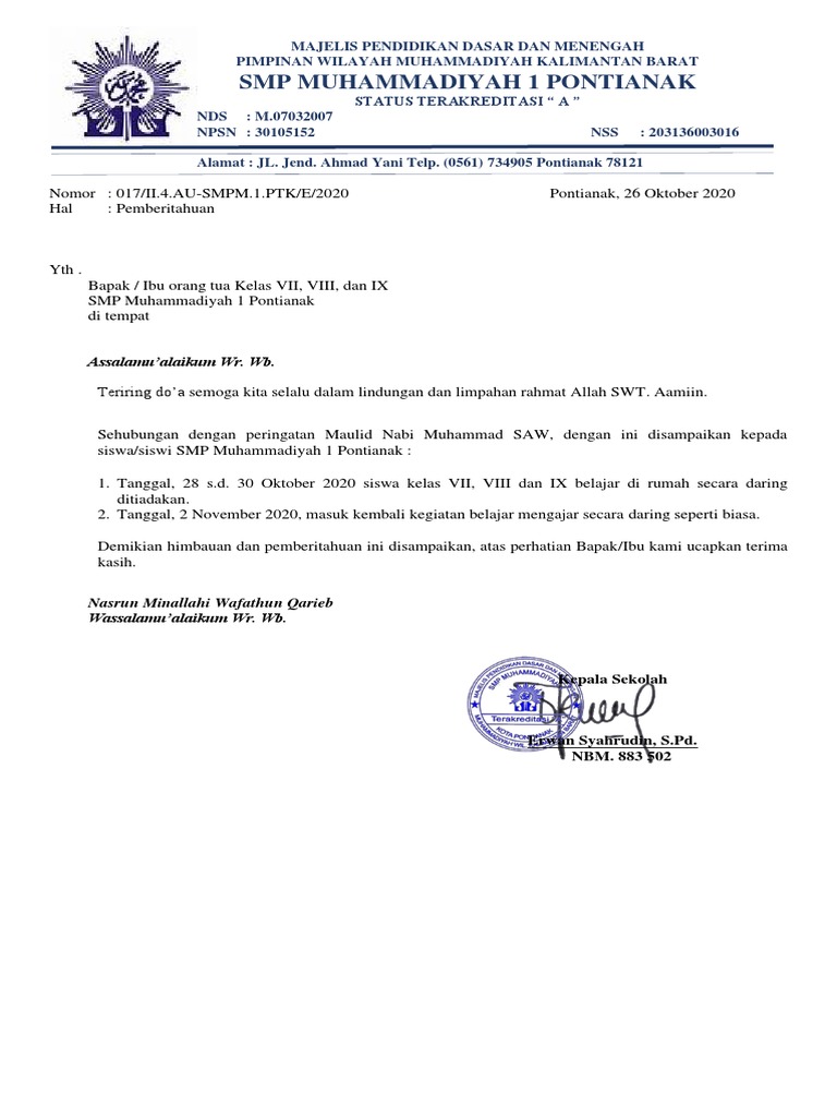 Surat Pemberitahuan Libur | PDF