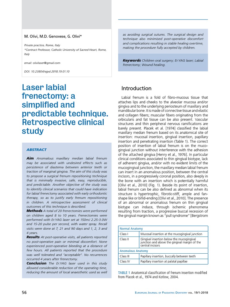 Laser Labial Frenectomy: A Simplified and Predictable Technique. Retrospective Clinical Study ...