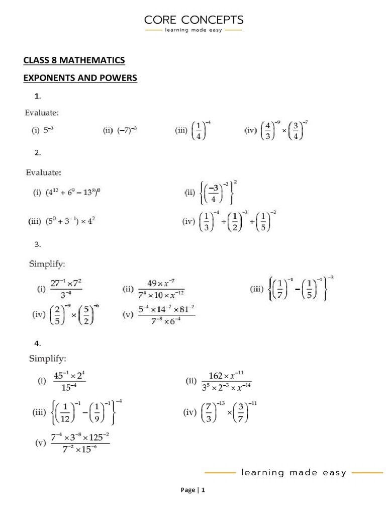 Class 8 Math: Exponents & Powers Guide | PDF