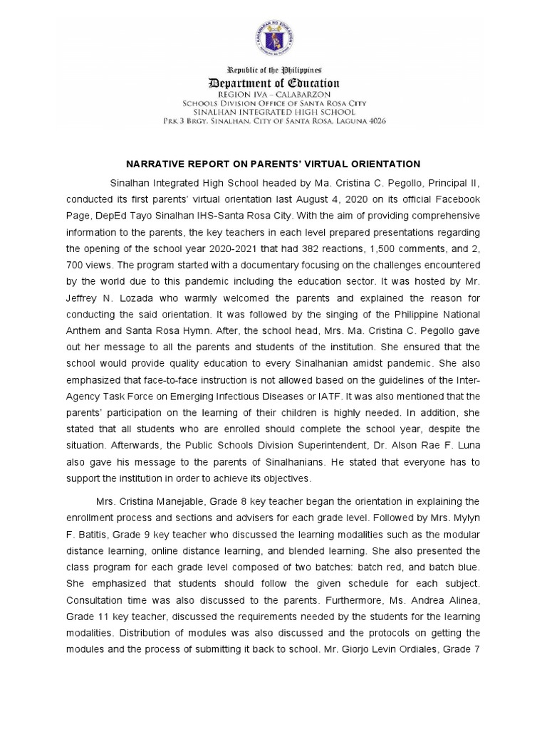 Sinalhan School Parents' Virtual Orientation Report | PDF | Behavior ...