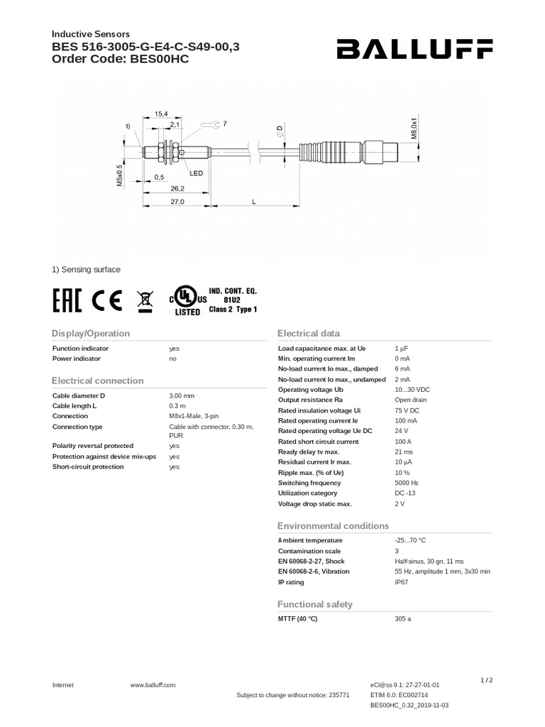 BES 516-3005-G-E4-C-S49-00,3 Order Code: BES00HC: Inductive Sensors ...