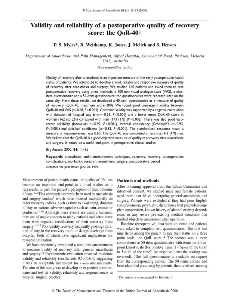 Validity and Reliability of A Postoperative Quality of Recovery Score ...