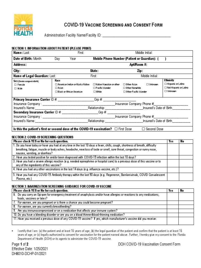 DOH - Covid Vaccine Screening Consent Form | PDF | Allergy | Vaccines