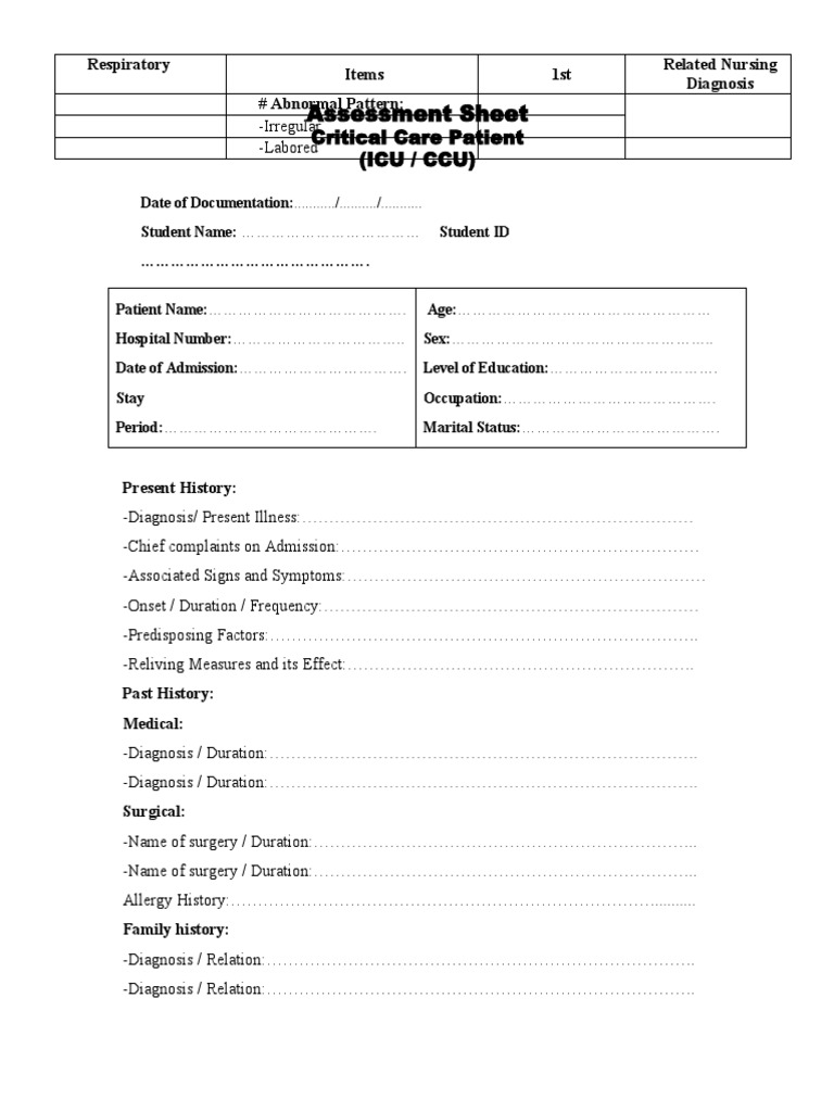 Assessment Sheet: Critical Care Patient (Icu / Ccu) | PDF | Intensive ...