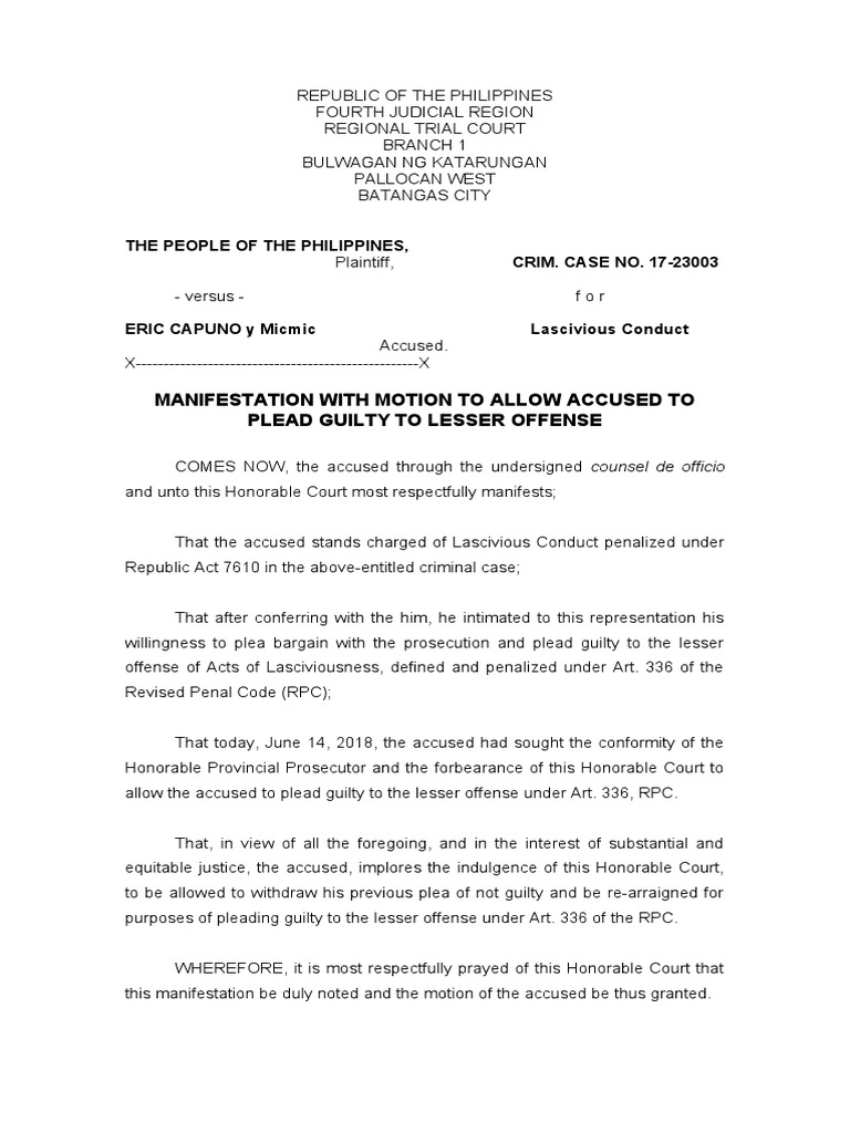 Manifestation With Motion To Allow Accused To Plead Guilty To Lesser ...
