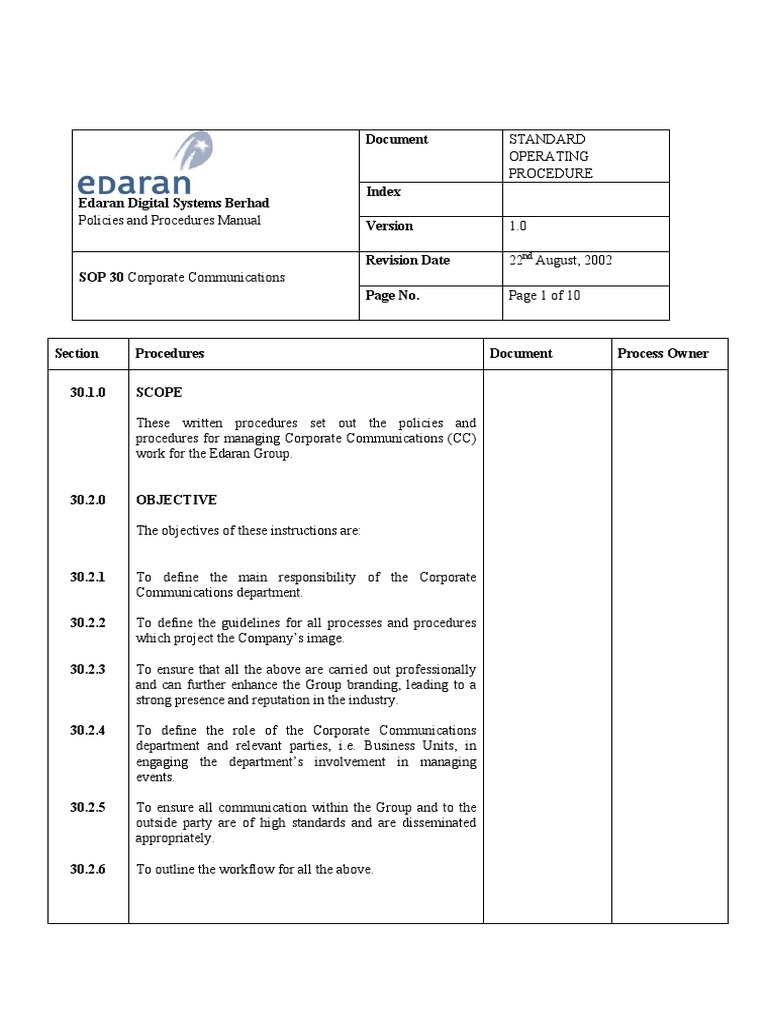 SOP 30 - Corporate Communications | PDF | Specification (Technical ...