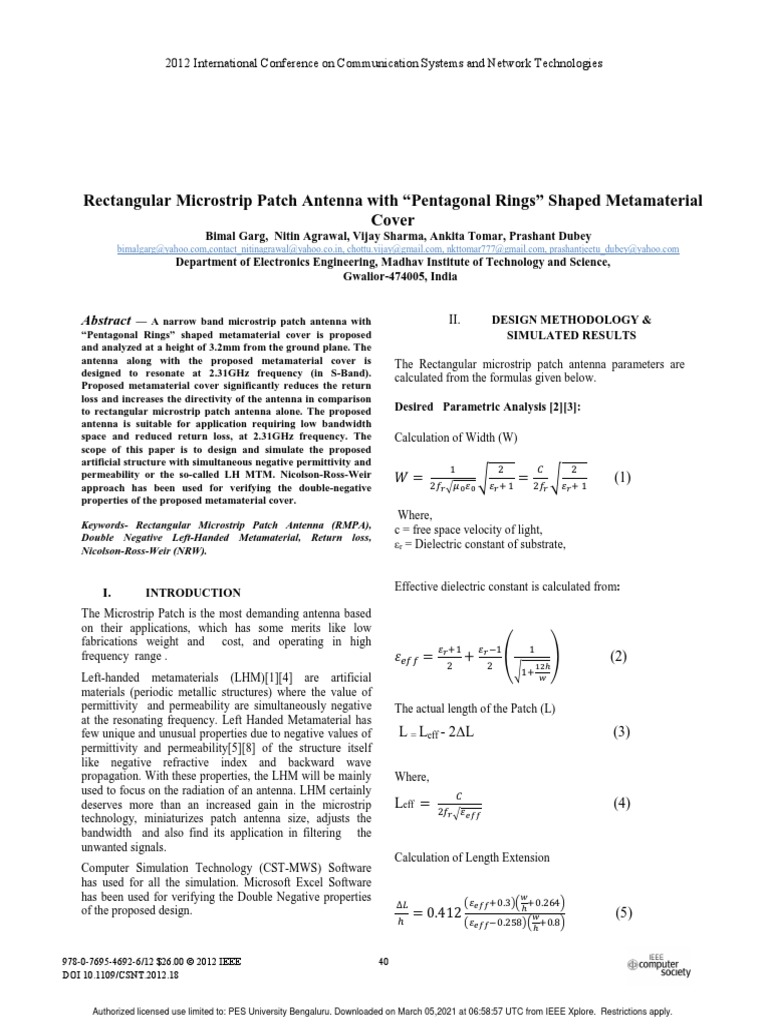 Rectangular Microstrip Patch Antenna With "Pentagonal Rings" Shaped ...