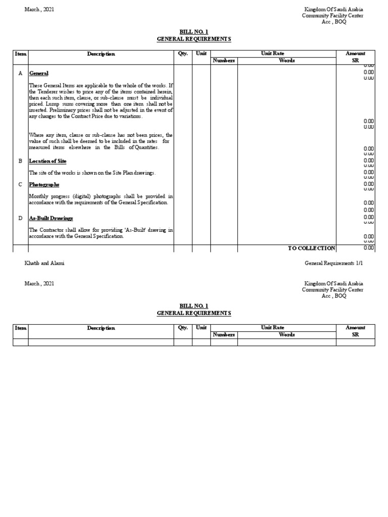 Bill No. 1 General Requirements Item Description Qty. Unit Unit Rate Amount Numbers Words SR ...