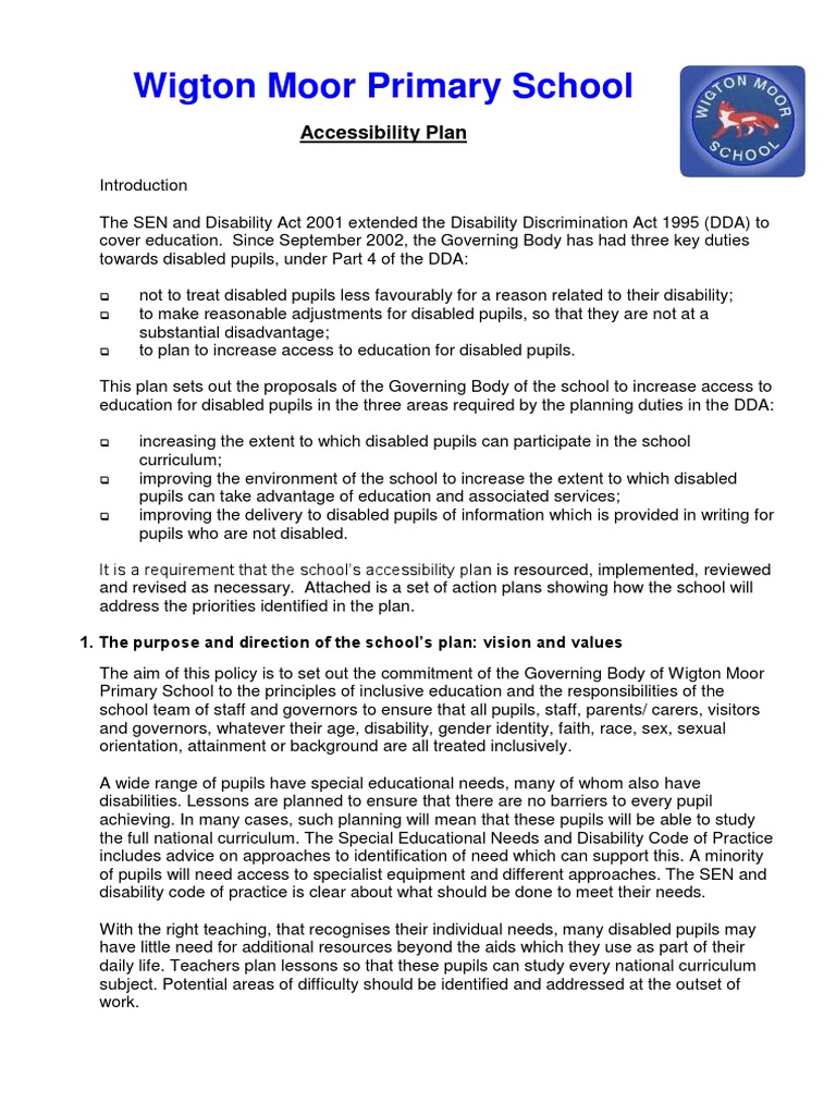 Wigton Moor Primary School: Accessibility Plan | PDF | Inclusion ...