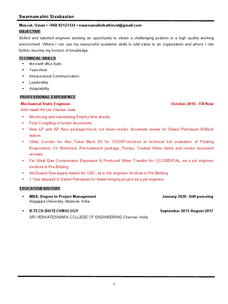 Swarnamalini Sivabaalan: Mechanical Static Engineer. October 2015 ...