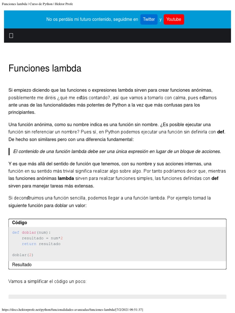 Funciones Lambda - Curso de Python - Hektor Profe | PDF
