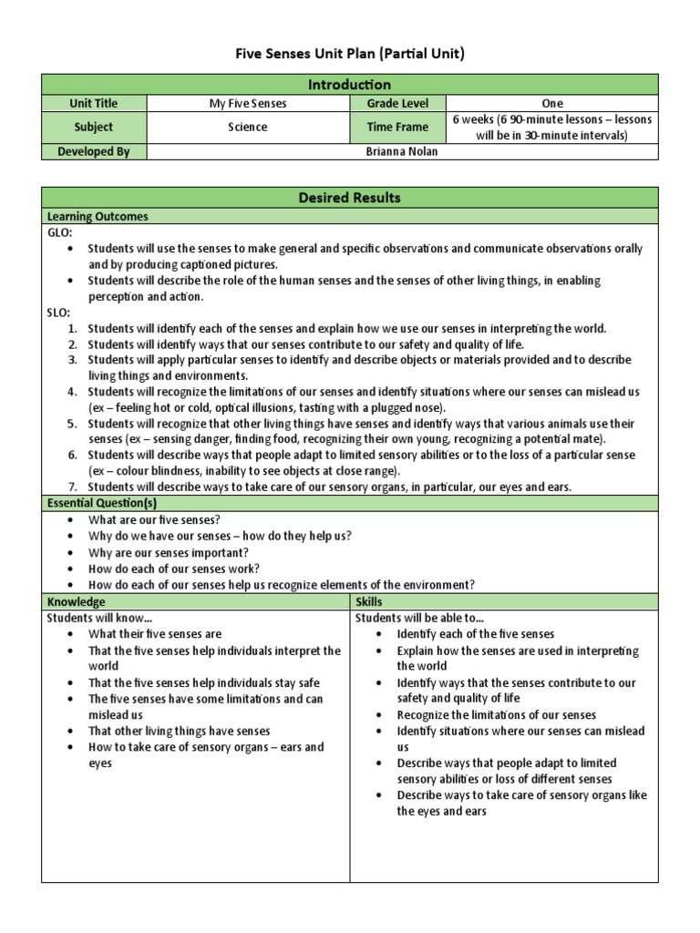 5 Senses Unit Plan | PDF | Senses | Perception